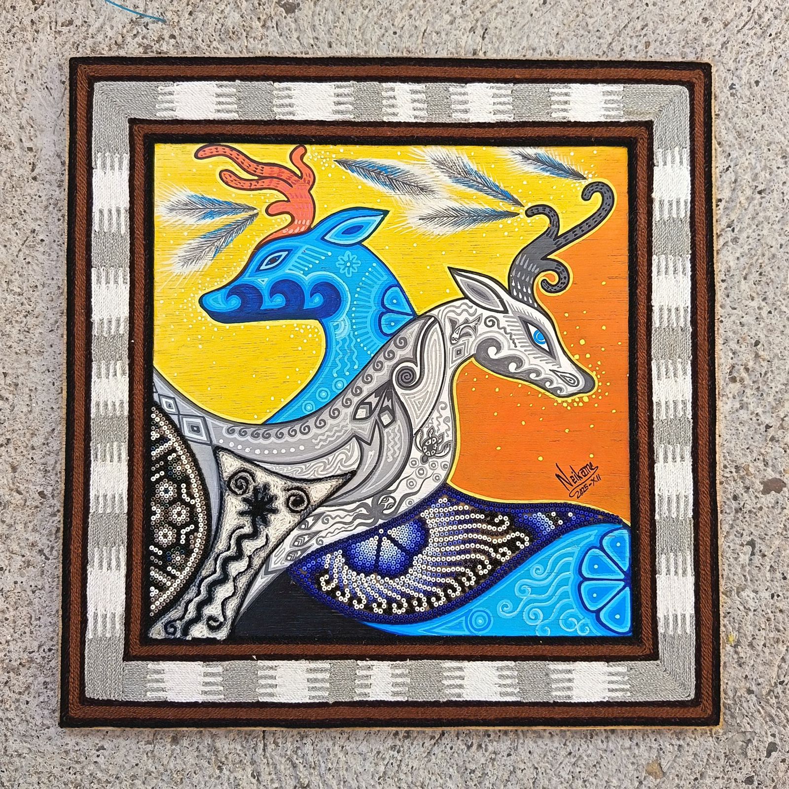 Huichol Mexican Folk Art Yarn Painting by Neikame PP8811 – Peyote People